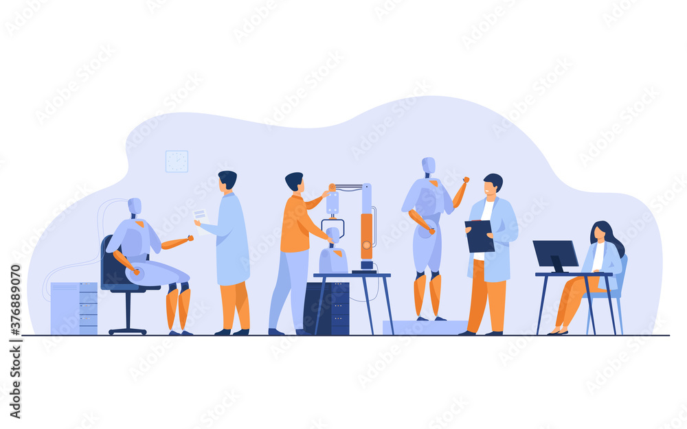 Scientists making robots in lab isolated flat vector illustration ...