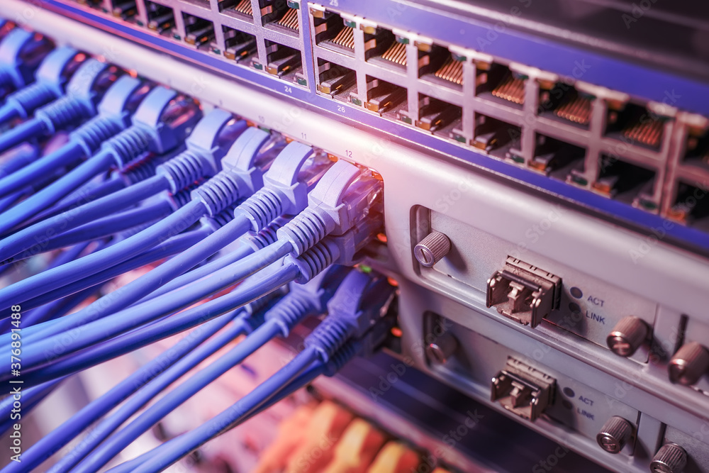 network cable connecting on network core switch close up Stock Photo ...