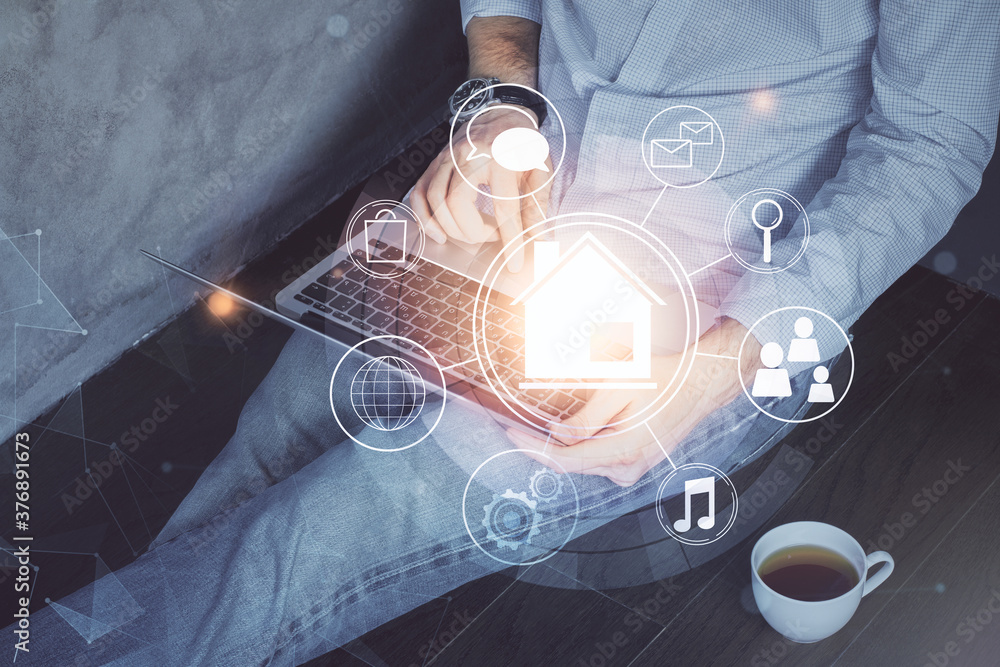 High tech city drawing with businessman working on computer on ...