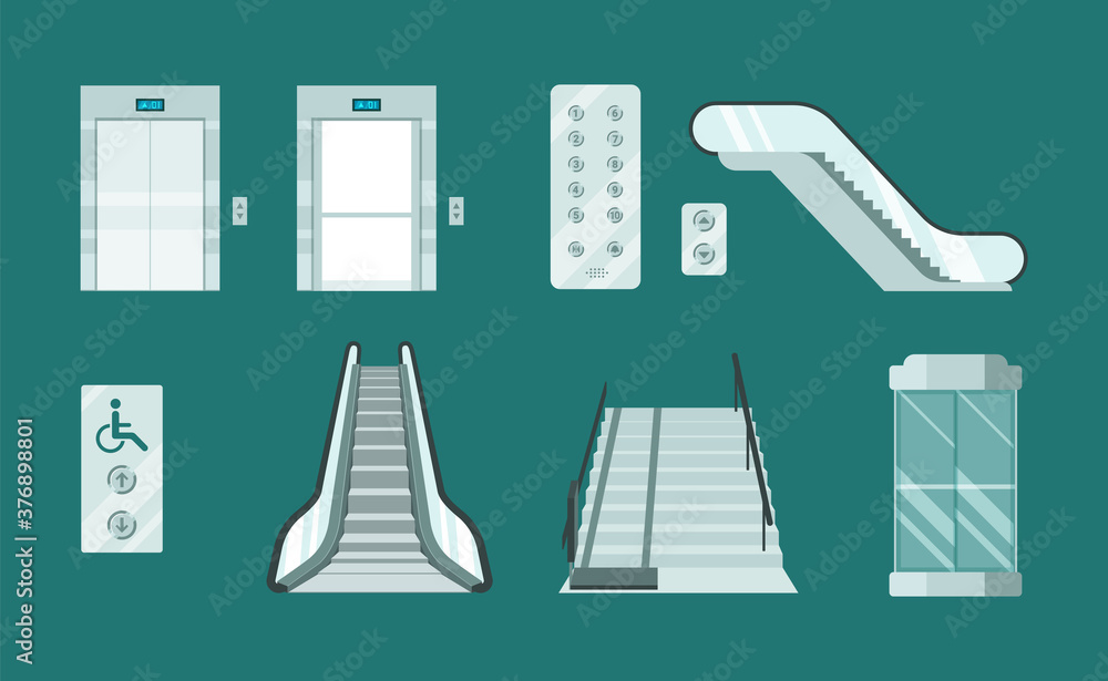 Elevators and escalators set. Modern stair lifts used in metro shopping ...