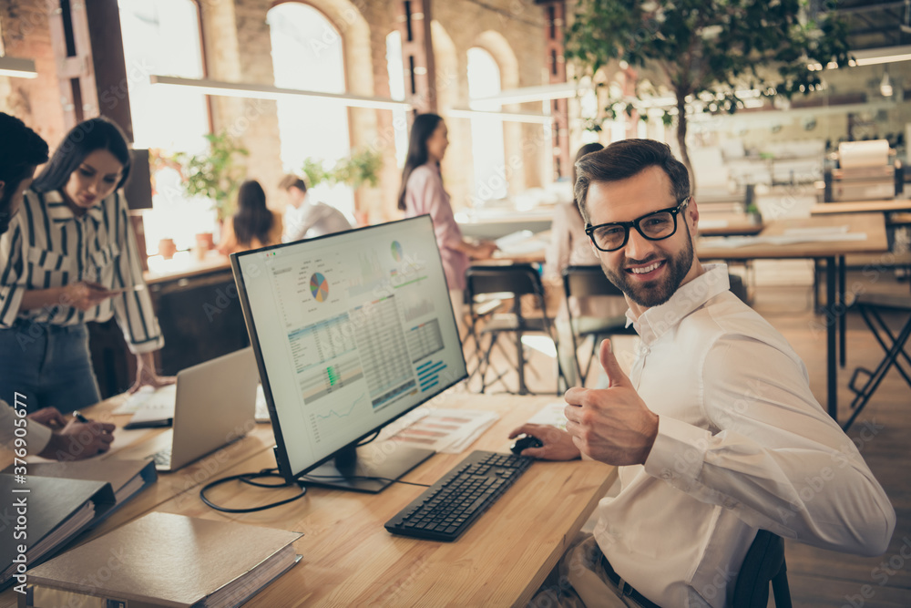 Confident successful man leader ceo marketer sit desk work computer ...