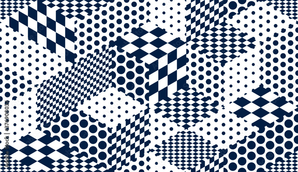 Dotted geometric 3D seamless pattern with cubes, dots and rhombuses ...