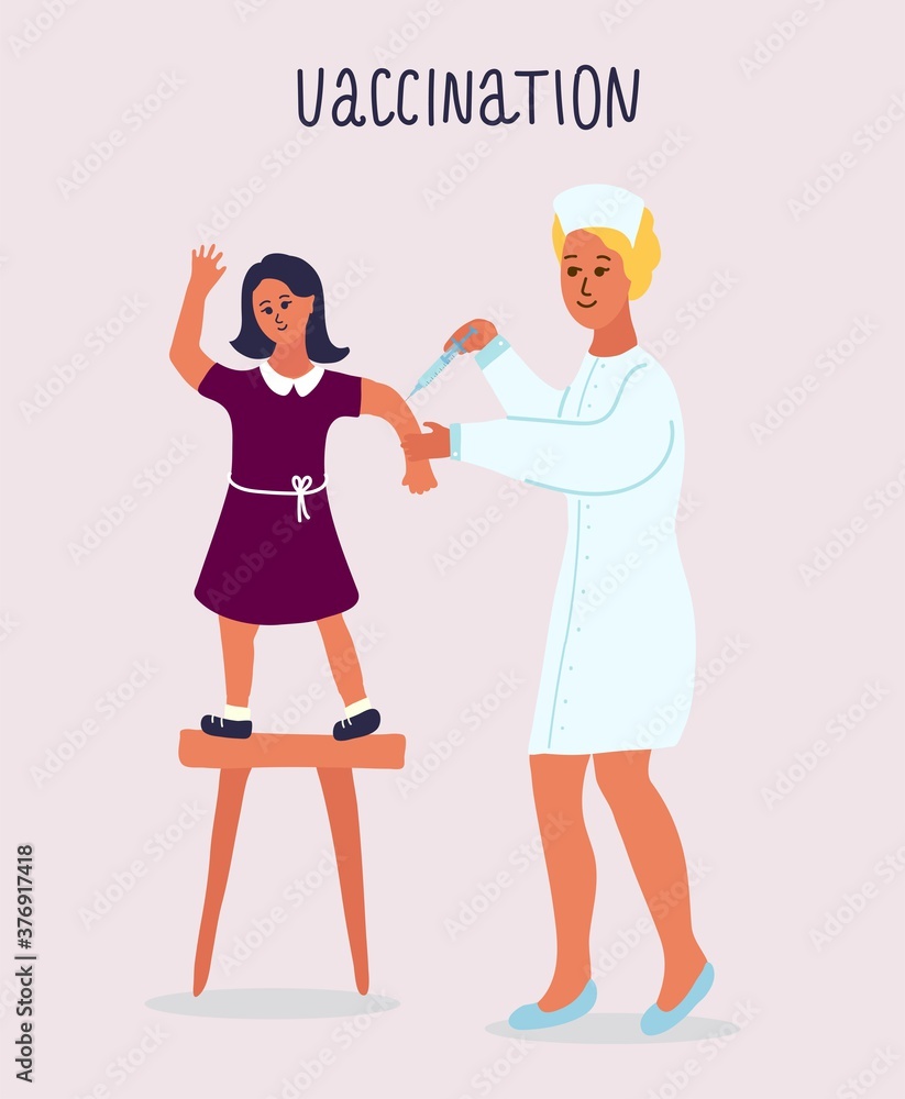 hospital blonde nurse vaccinates a child girl. Kid is in vinous dress ...