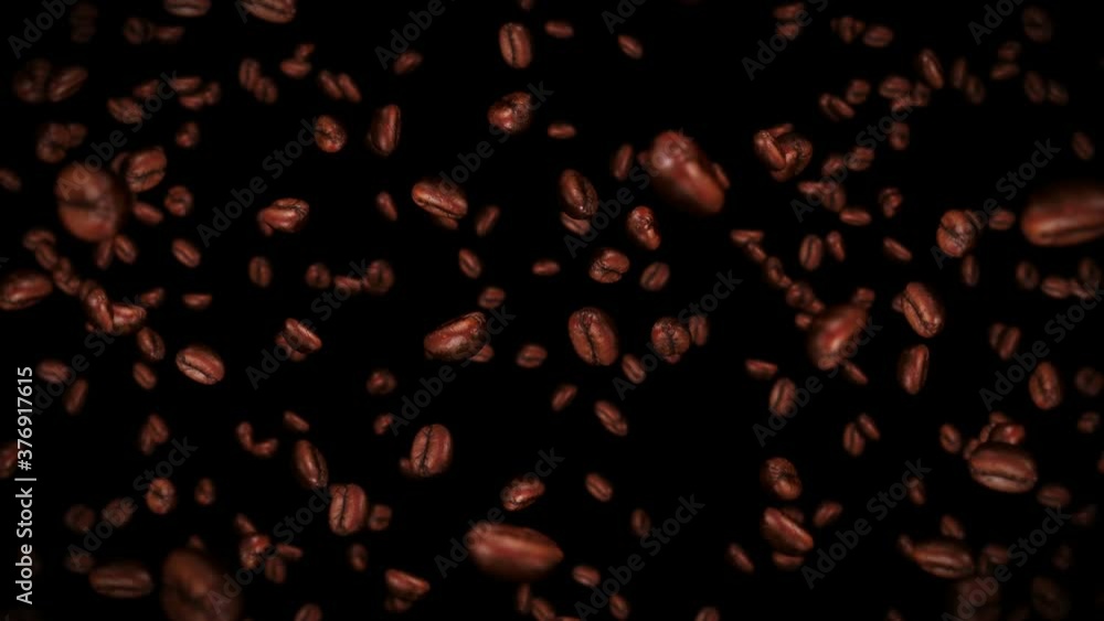 Flying many coffee beans on black background. Caffeine drink, Breakfast ...