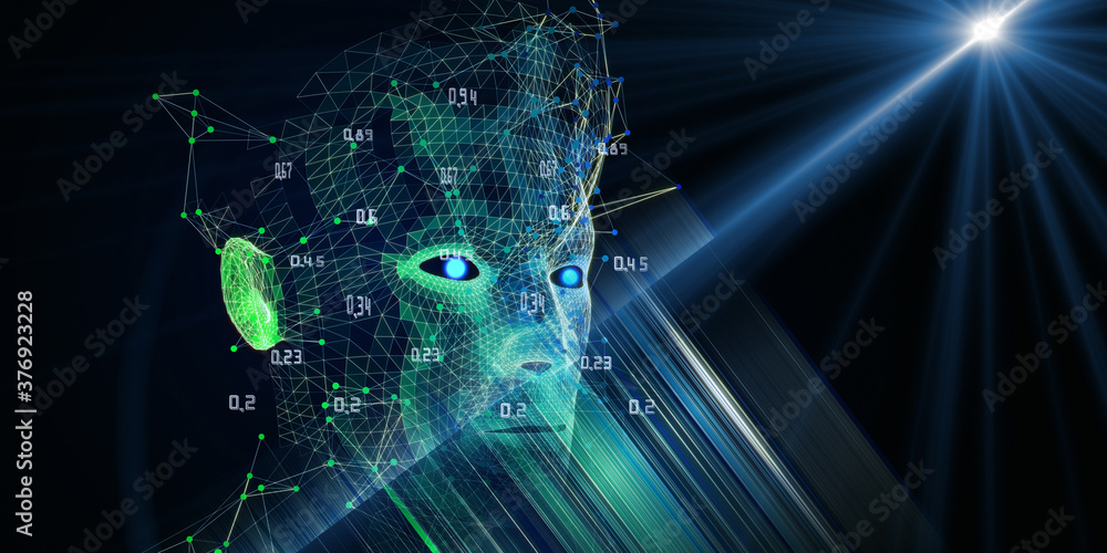 Machine learning. Polygonal technology background with 3d wireframe ...