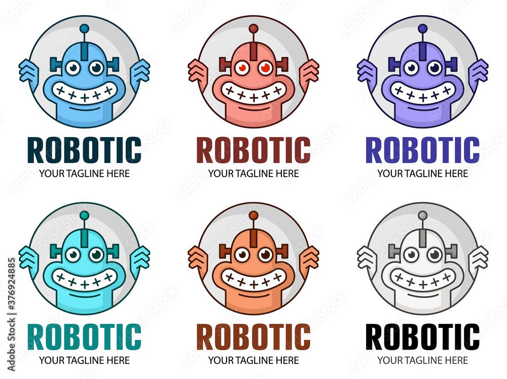 Funny cartoon smiling robot logo in six color modes. Cute robot ...