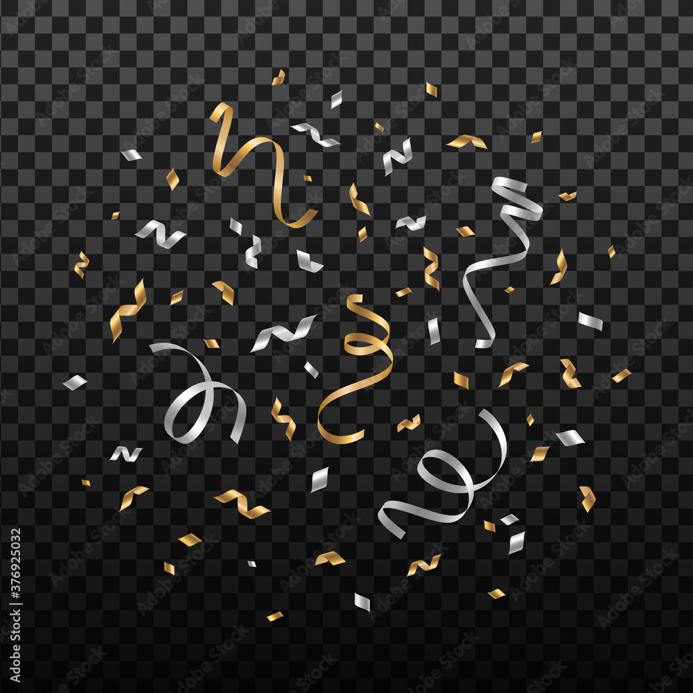 Falling shiny silver and gold confetti and pieces of serpentine ...