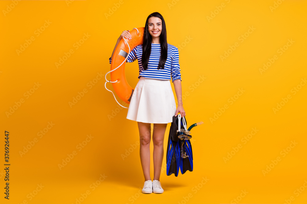 Full length photo of positive girl hold scuba diving equipment mask ...