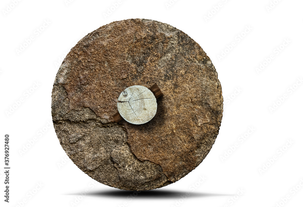 prehistoric stone wheel with wooden axle isolated on white background ...