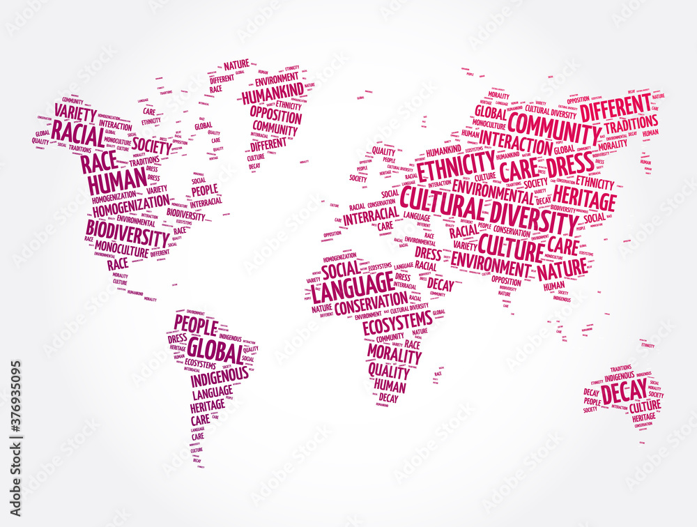 Cultural diversity word cloud in shape of world map, concept background ...