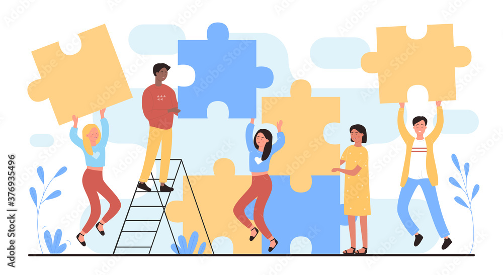 Vetor de People connect puzzles flat vector illustration. Cartoon happy ...