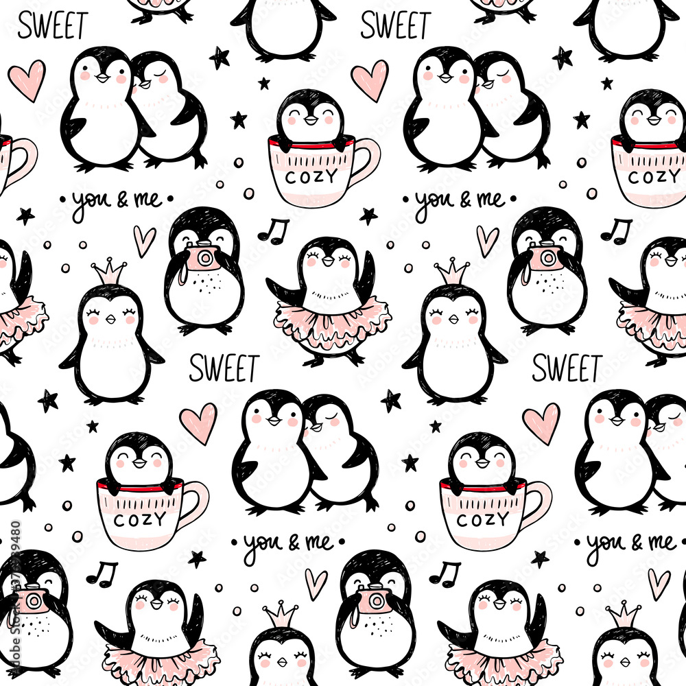 Penguin vector seamless pattern. Funny animals background. Cartoon hand ...