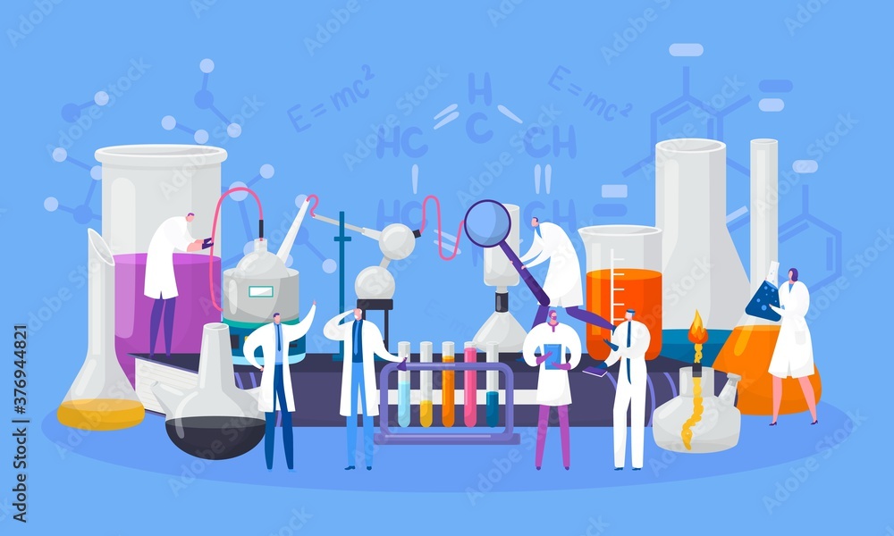 Scientists characters in chemical laboratory conduct experiment in ...