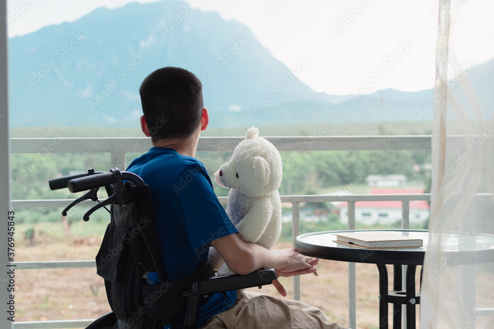 Asian special child on wheelchair hug his good friend is teddy bear ...