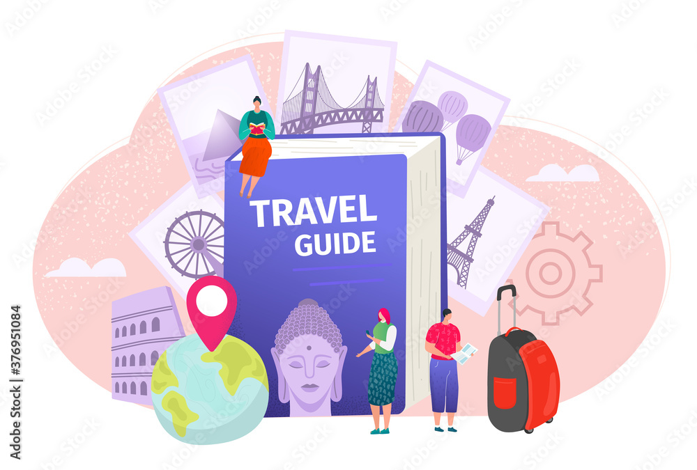Travel guide book vector illustration. World map, travelers, luggage ...