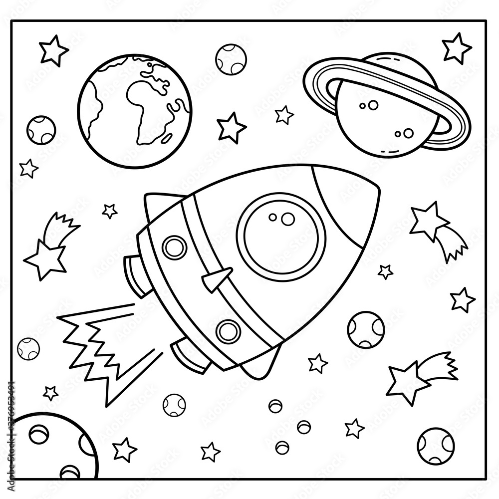 Coloring Page Outline Of a cartoon rocket in space. Coloring book for ...