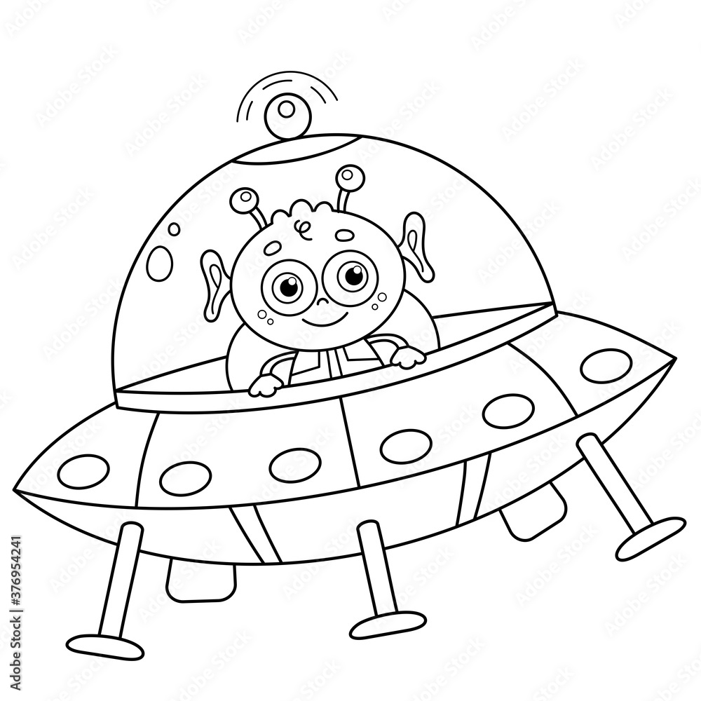 Coloring Page Outline Of a cartoon flying saucer with alien. Space ...