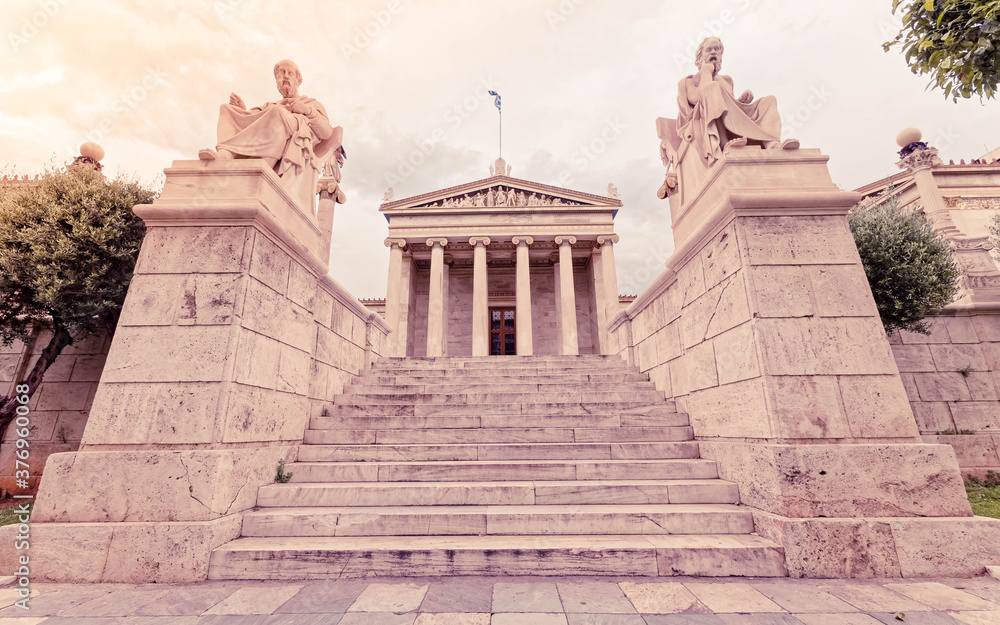 Plato and Socrates philosophers marble staues in front of Athens ...