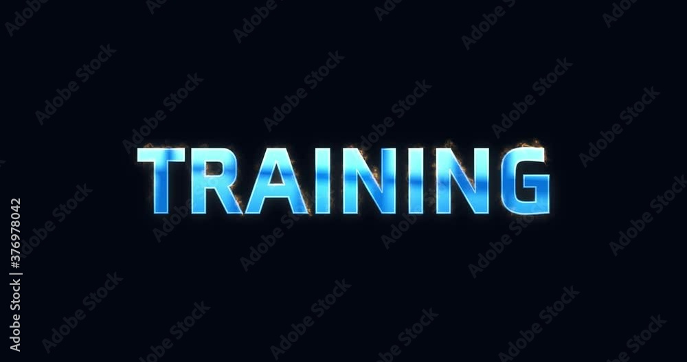 Training. Blue electric lightning word. Burning text animation on black ...