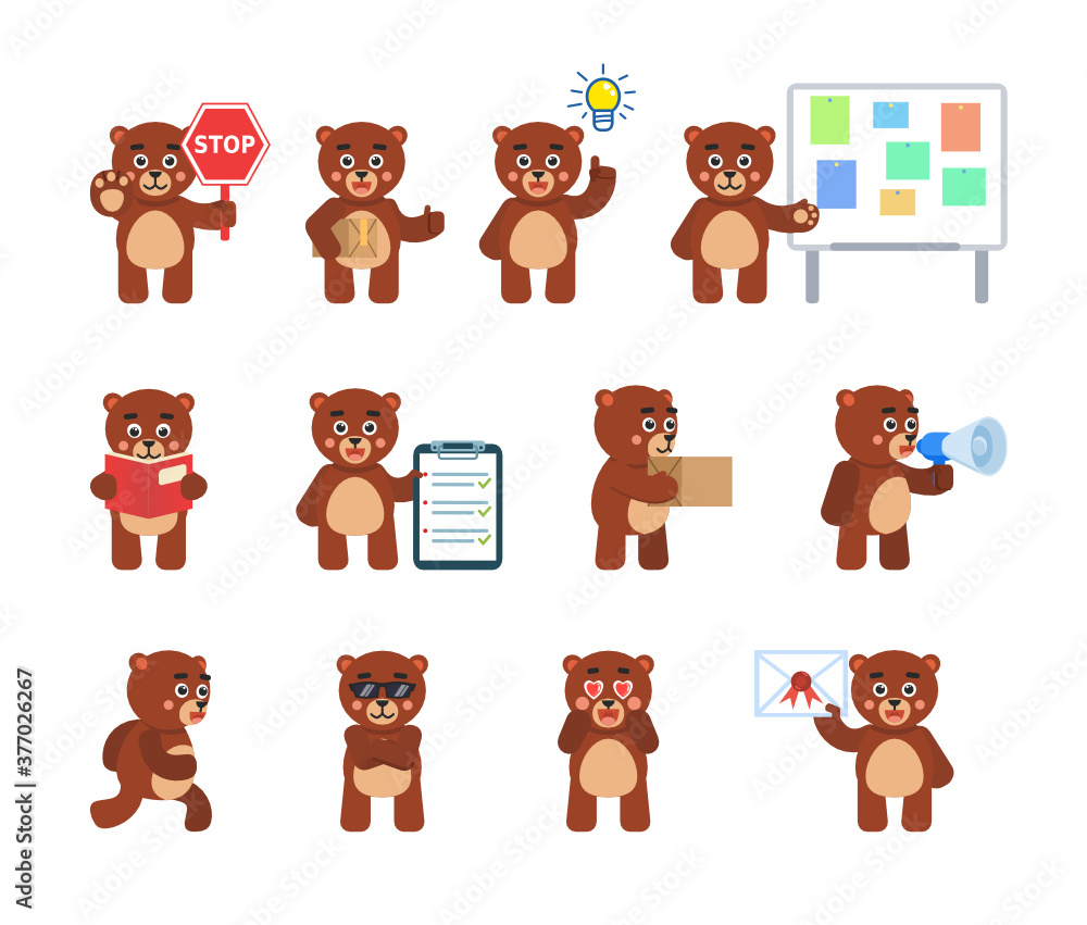 Set of cute bear character in various situations. Cheerful teddy bear ...