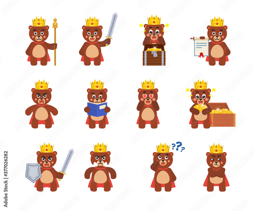 Set of bear king characters showing various actions. Chibi bear king ...
