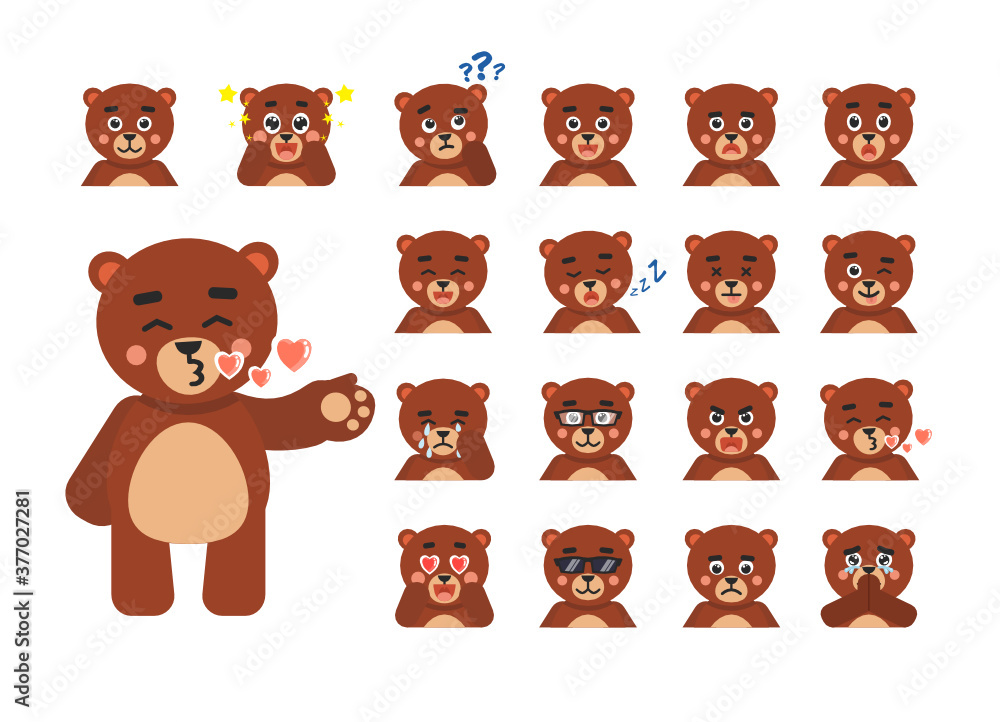 Set of cute brown bear avatars, emoticons. Bear laugh, cry, sad, angry ...