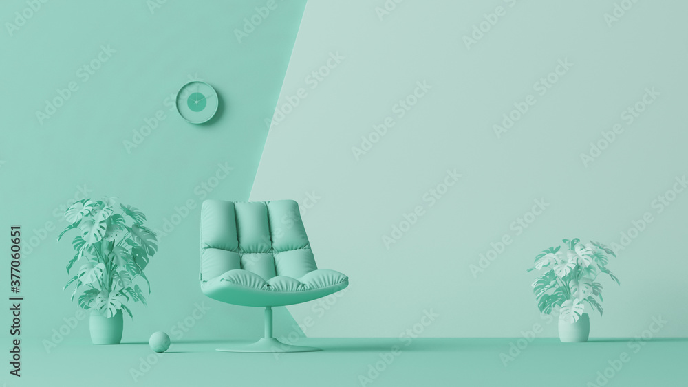 Interior of the room in plain monochrome pastel blue color with ...