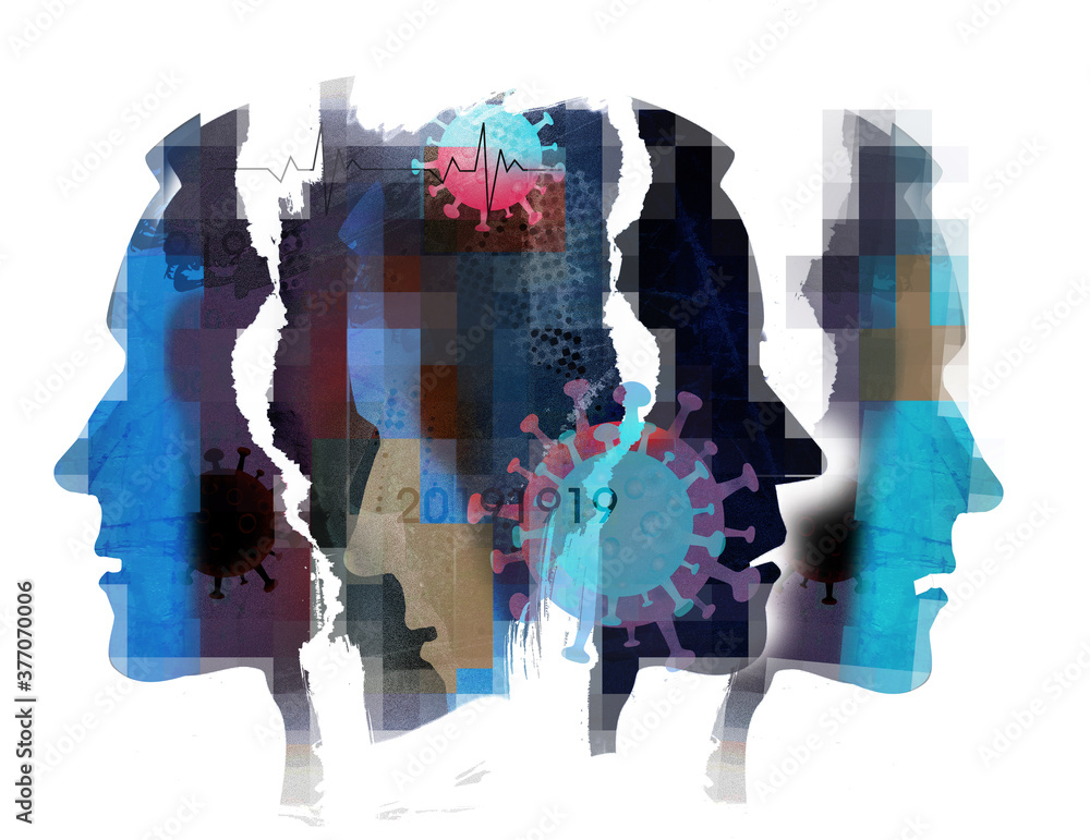 Coronavirus disease, pandemic. Black male heads, grunge expressive ...