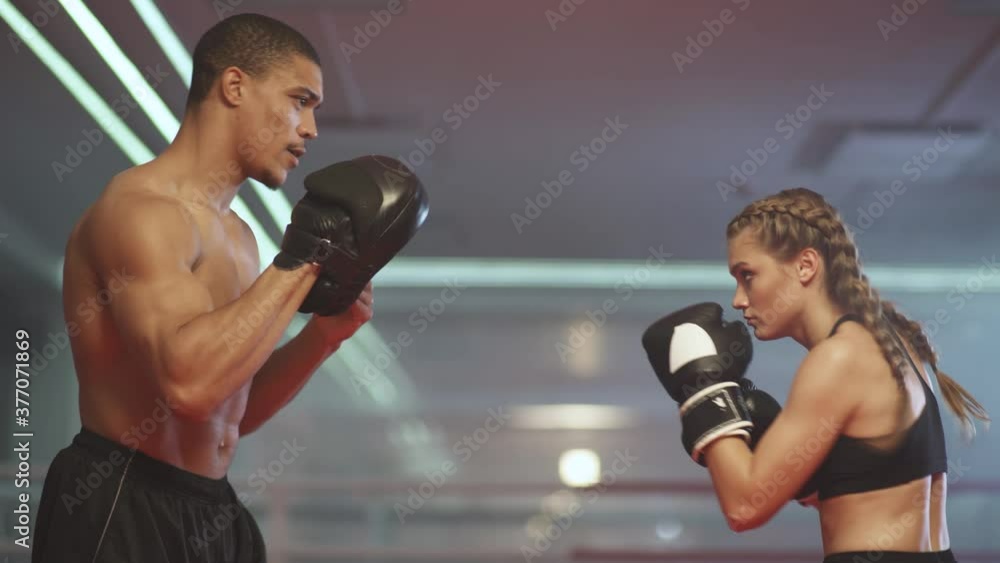 Cinematic shoot of boxing in the ring, woman fighter trains punches and ...