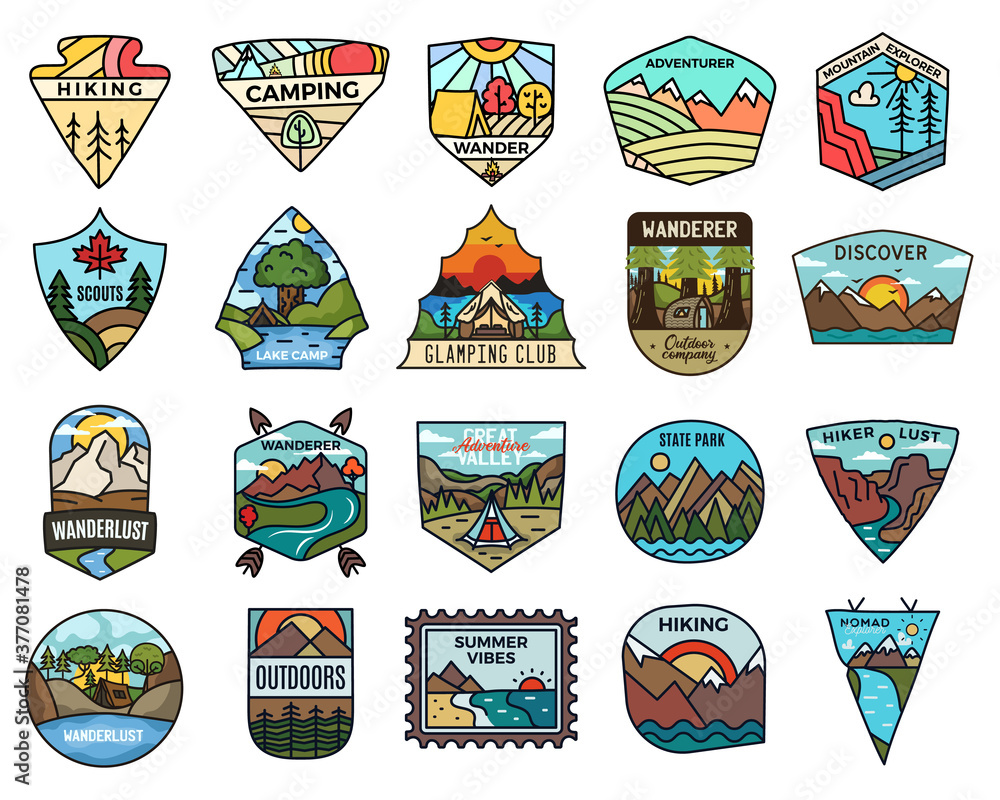 Camping adventure badges logos set, Vintage travel emblems. Hand drawn ...