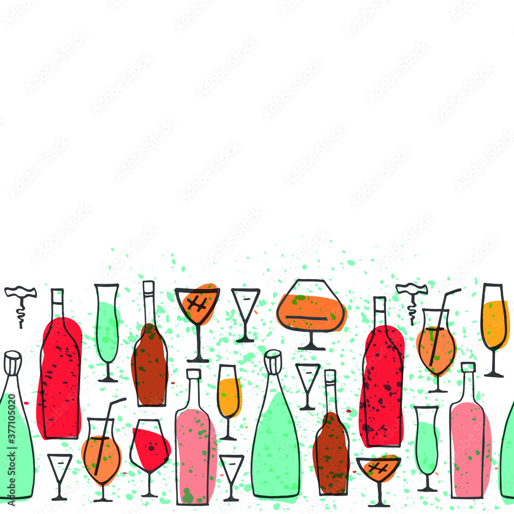 Seamless horizontal border with stylized cartoon bottles and wine ...