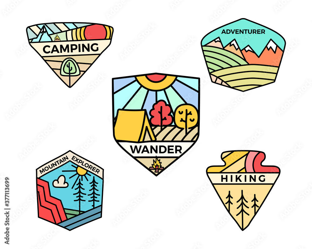 Camping adventure badges logos set, Vintage summer travel emblems. Hand ...