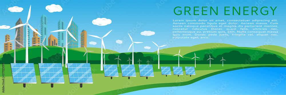 Green energy concept banner design with wind turbines and solar panels ...