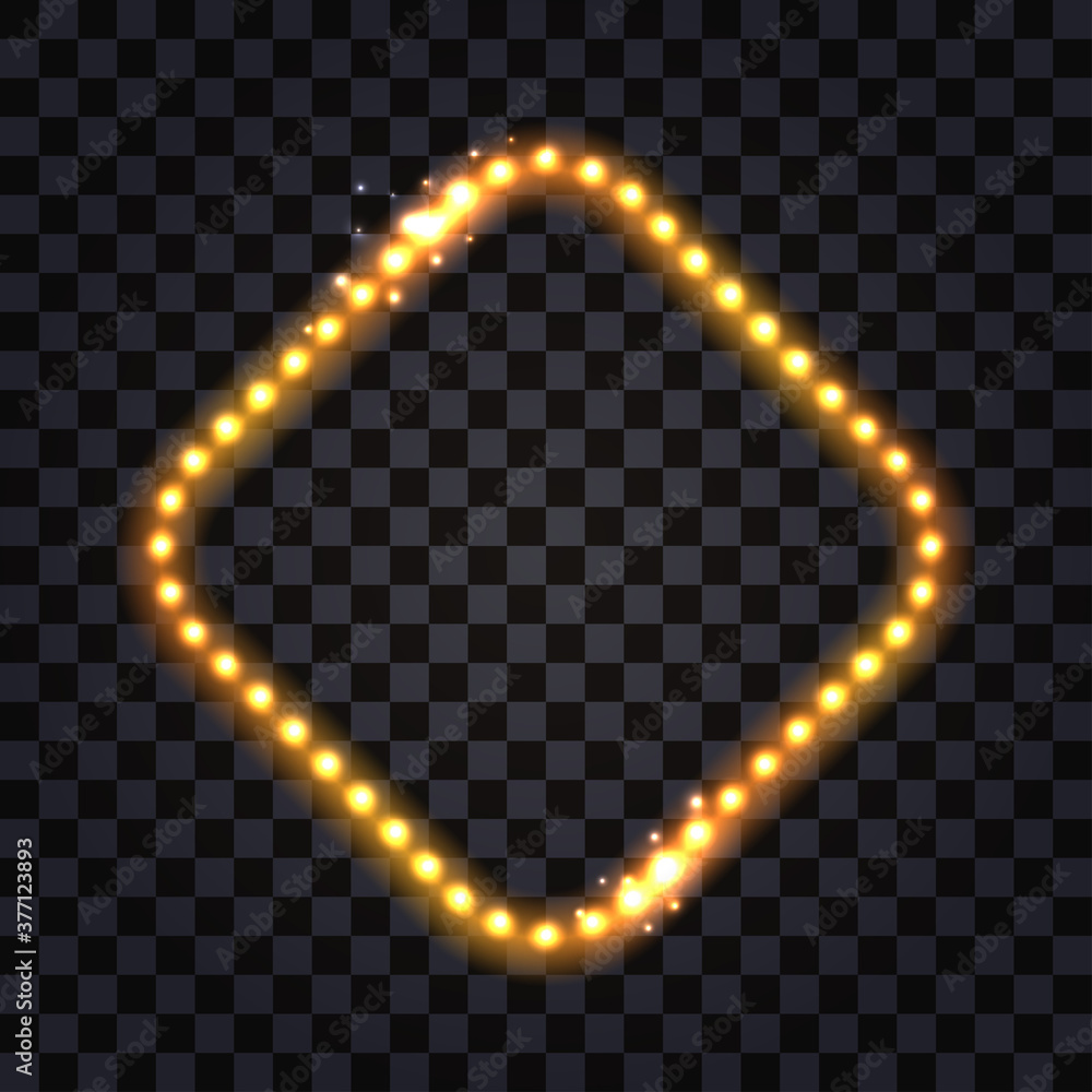 Golden LED light frame with neon glowing effect. Shiny gold border with ...