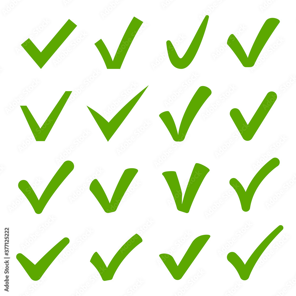 Check mark green icons set isolated on white. Ticks for questionnaire ...