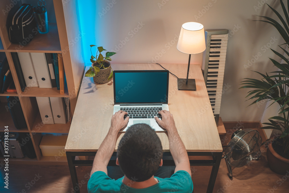 Shot from the back of a handsome male working at home with his laptop ...