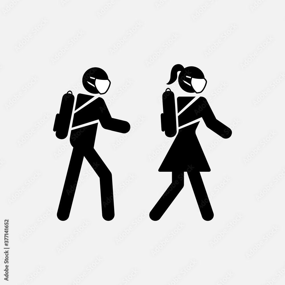 School children wearing protective face mask icon. school kids symbol ...