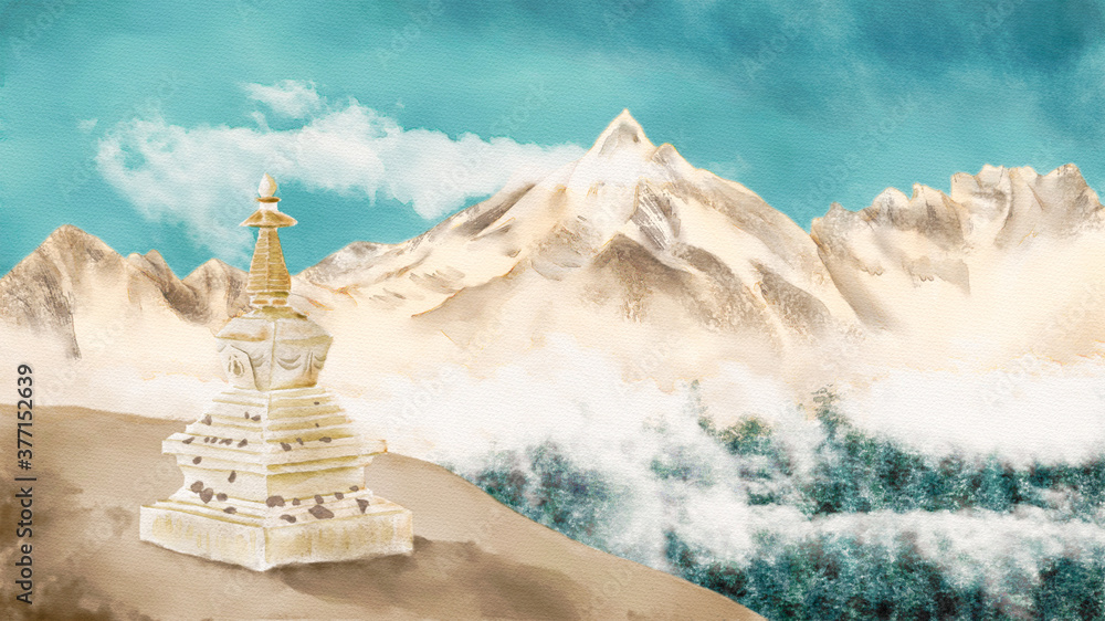 Watercolor Illustration of Meili Snow Mountain Kawagebo Peak among the ...