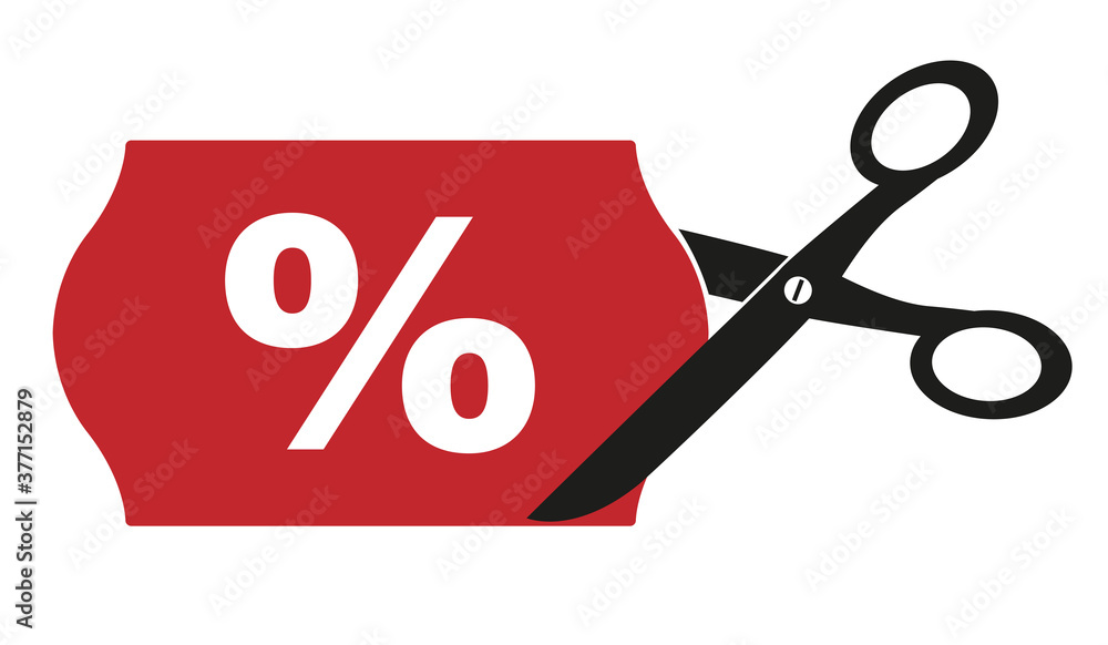 price cut or price reduction symbol with scissors cutting label with ...