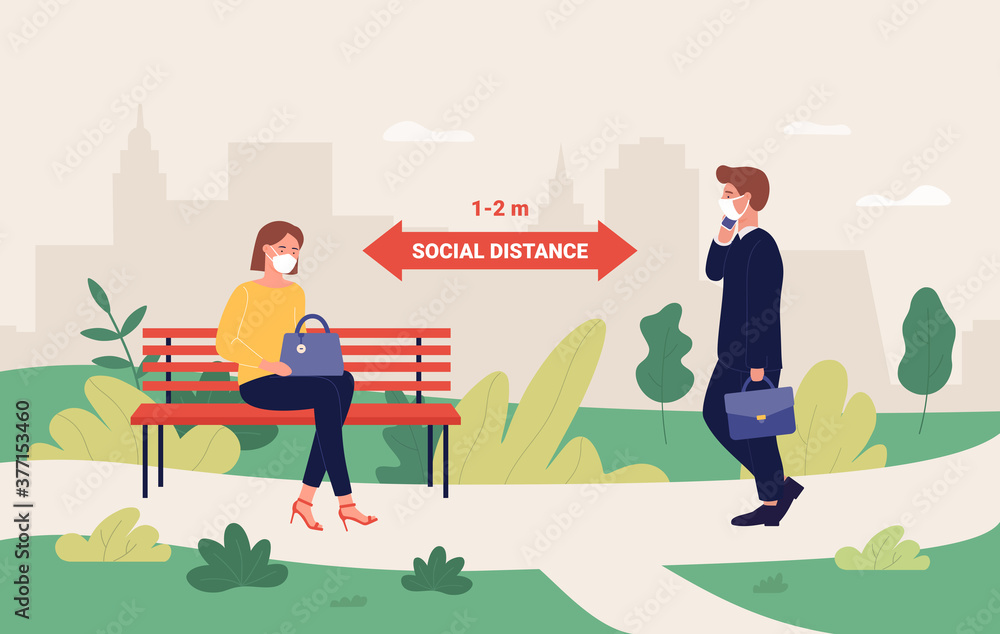 Outdoor social distance infographic vector illustration. Cartoon people ...