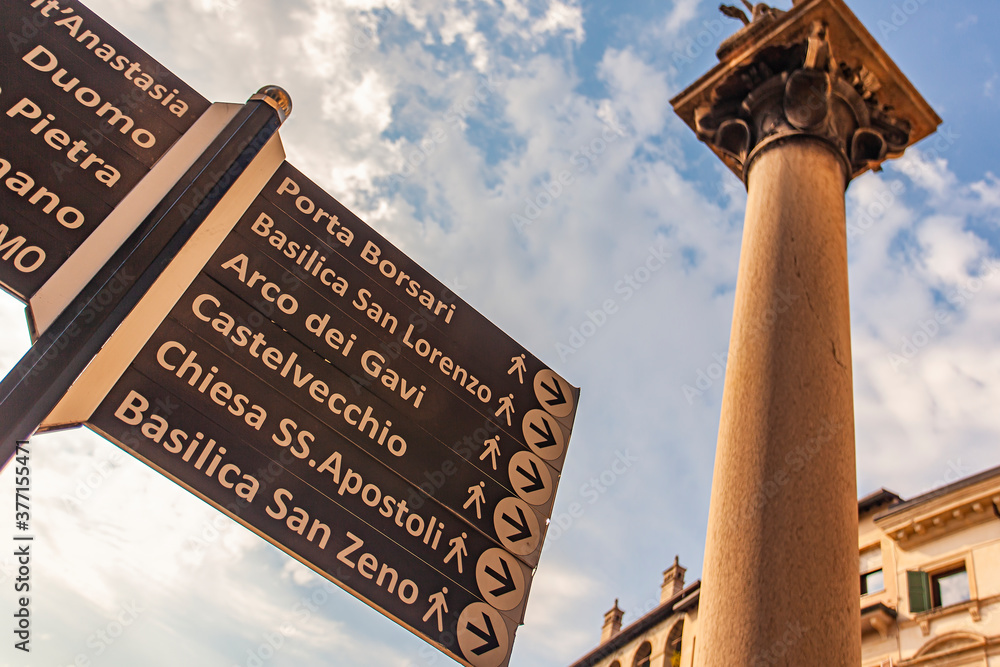 Detail of Road signs with tourist indications in Verona Stock Photo ...