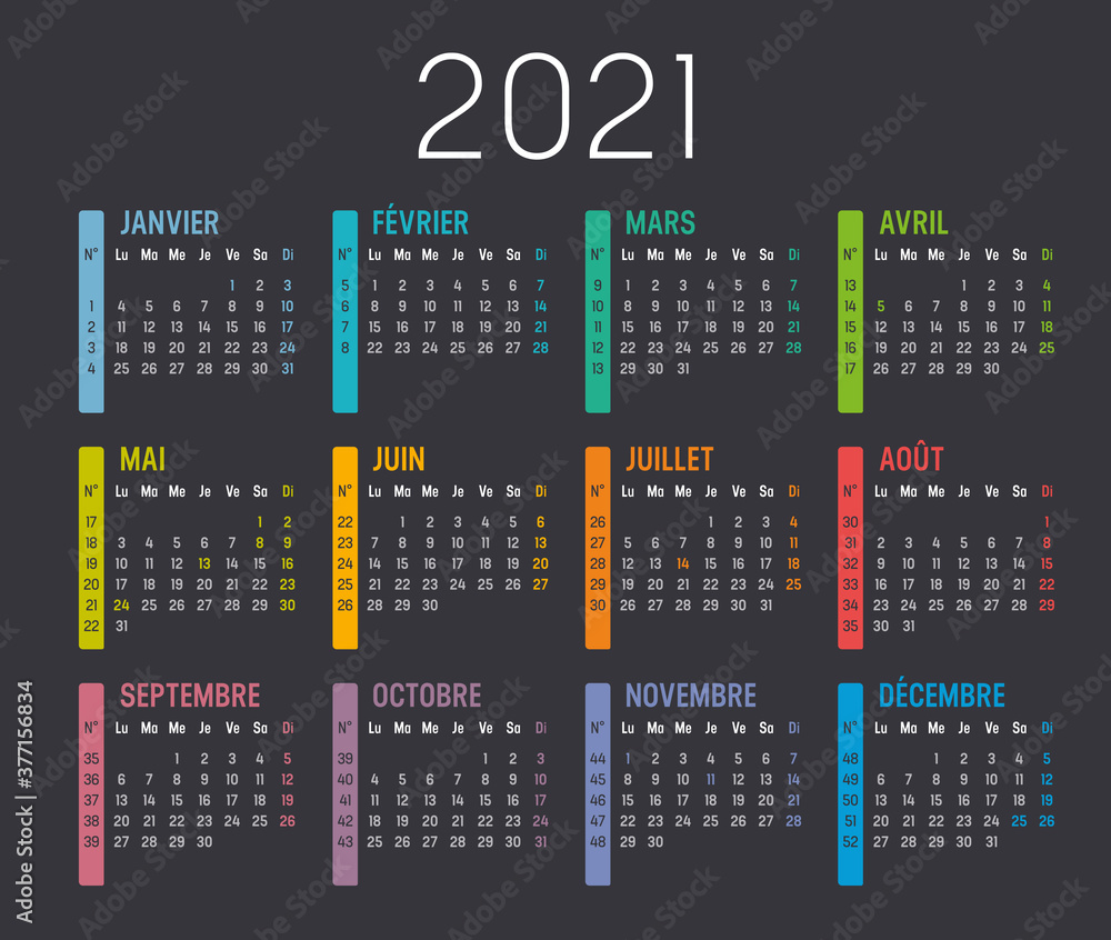 Calendrier Agenda 2021 couleur, avec numéros de semaine Stock Vector ...
