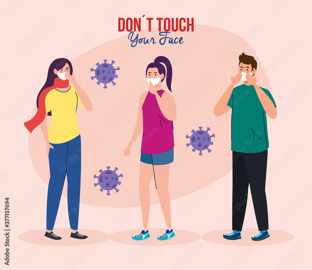 do not touch your face, young people using face mask, avoid touching ...