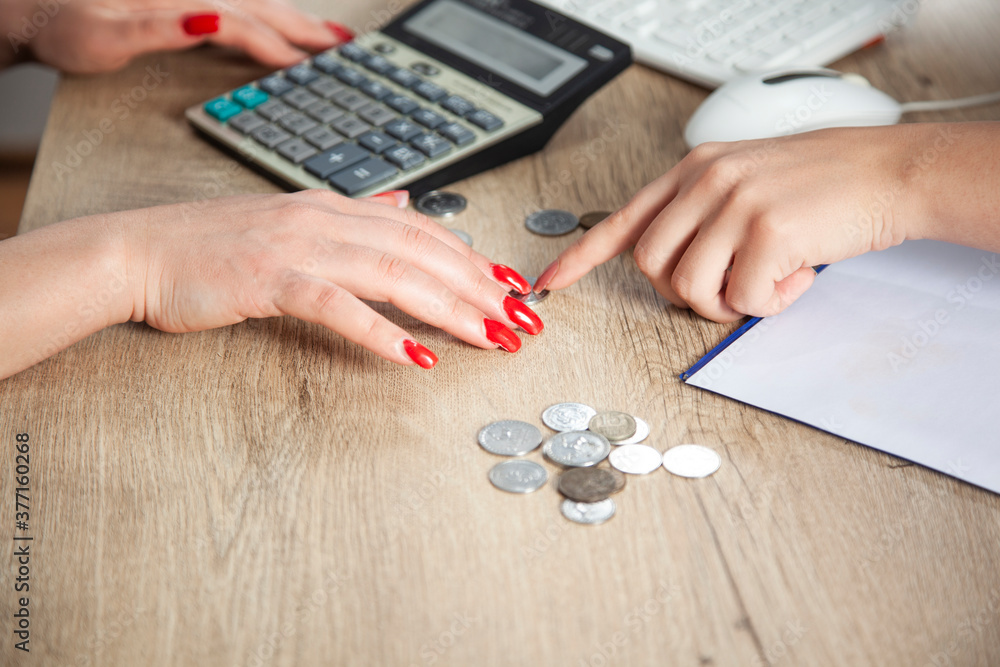 Young girl sorting,grouping her coins on table with laptop beside.Young ...