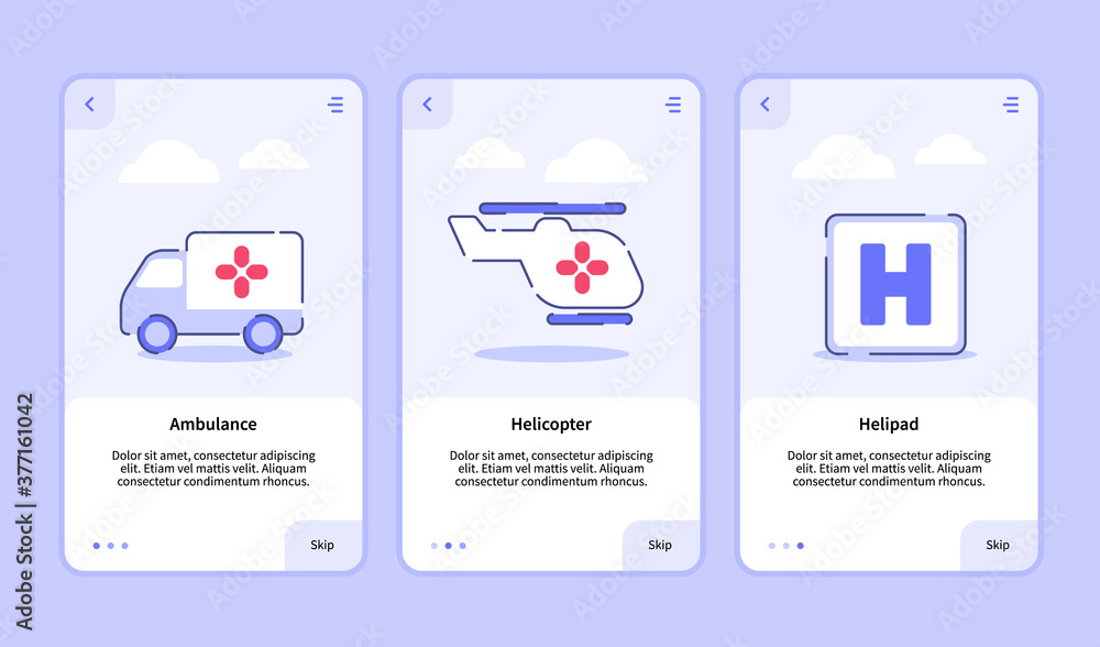 Medical icon ambulance helicopter helipad onboarding screen for mobile ...