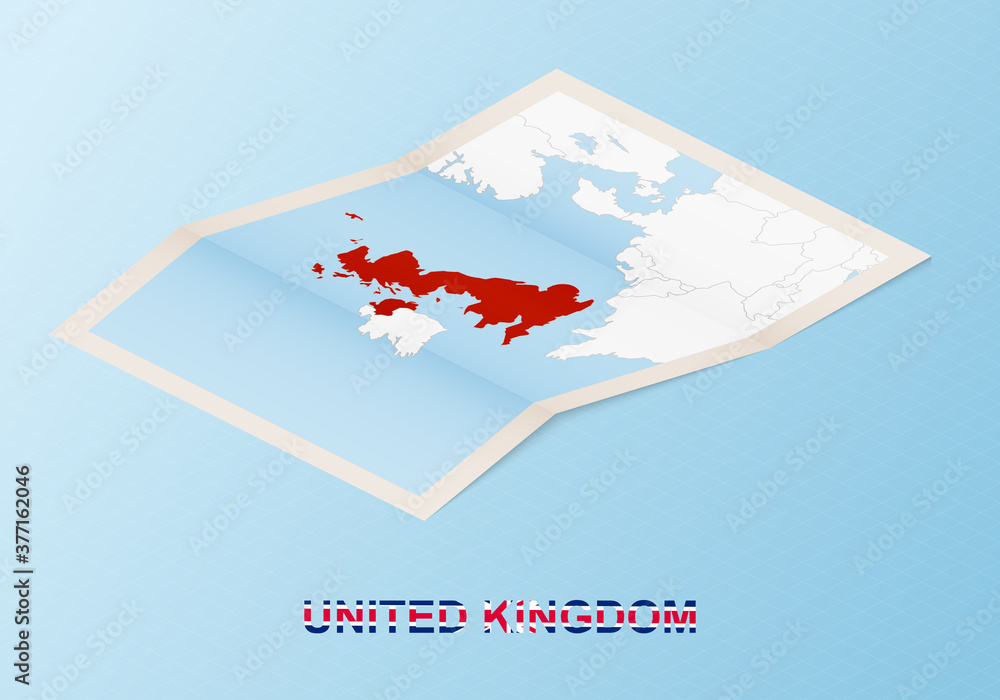 Folded paper map of United Kingdom with neighboring countries in ...