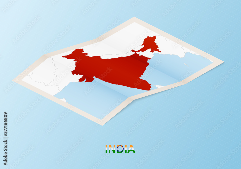 Folded paper map of India with neighboring countries in isometric style ...