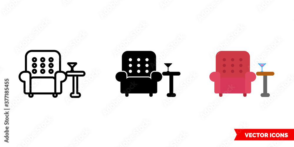 Lounge icon of 3 types color, black and white, outline. Isolated vector ...