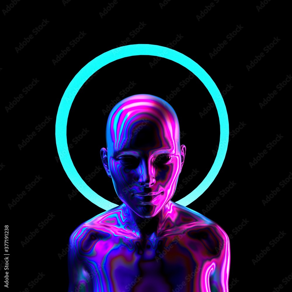 Artificial Goddess with neon nimbus in fluorescent ultraviolet light ...