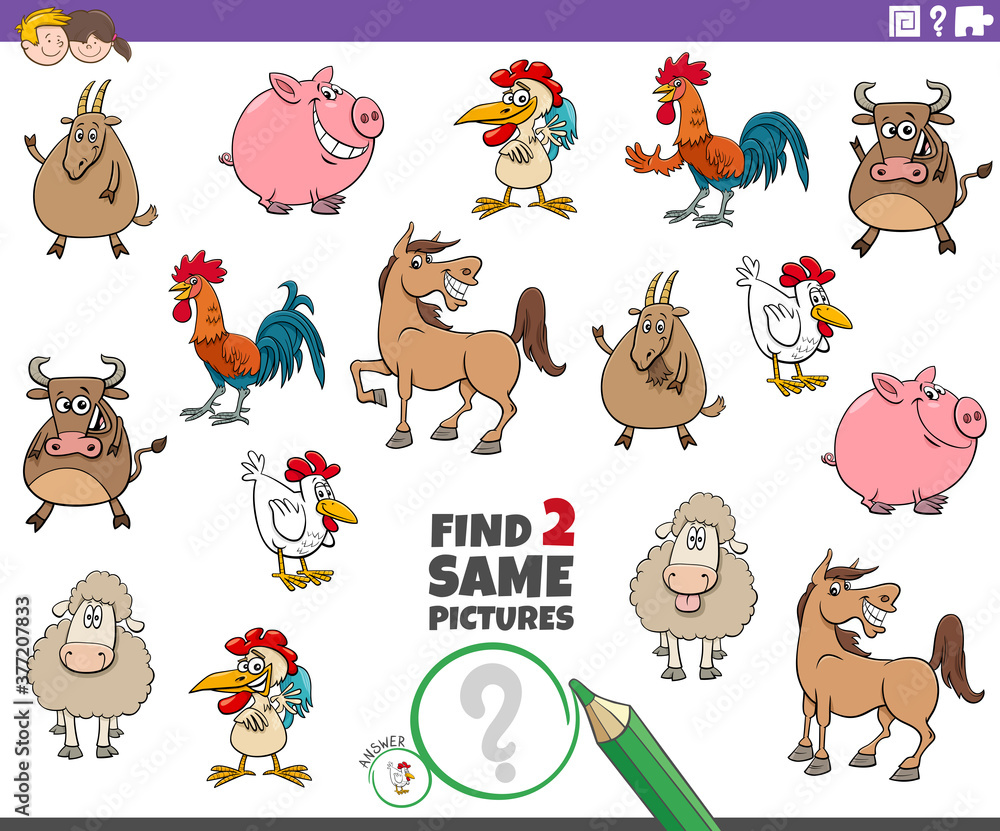 find two same farm animals educational task for children Stock Vector ...